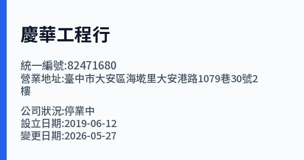 慶華工程行的照片-統編 82471680(臺中市) 公司登記資料與營業項目詳細圖表