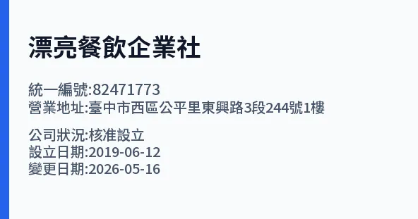 漂亮餐飲企業社的照片-統編 82471773(臺中市) 公司登記資料與營業項目詳細圖表