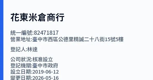 花東米倉商行的照片-統編 82471817(臺中市) 公司登記資料與營業項目詳細圖表