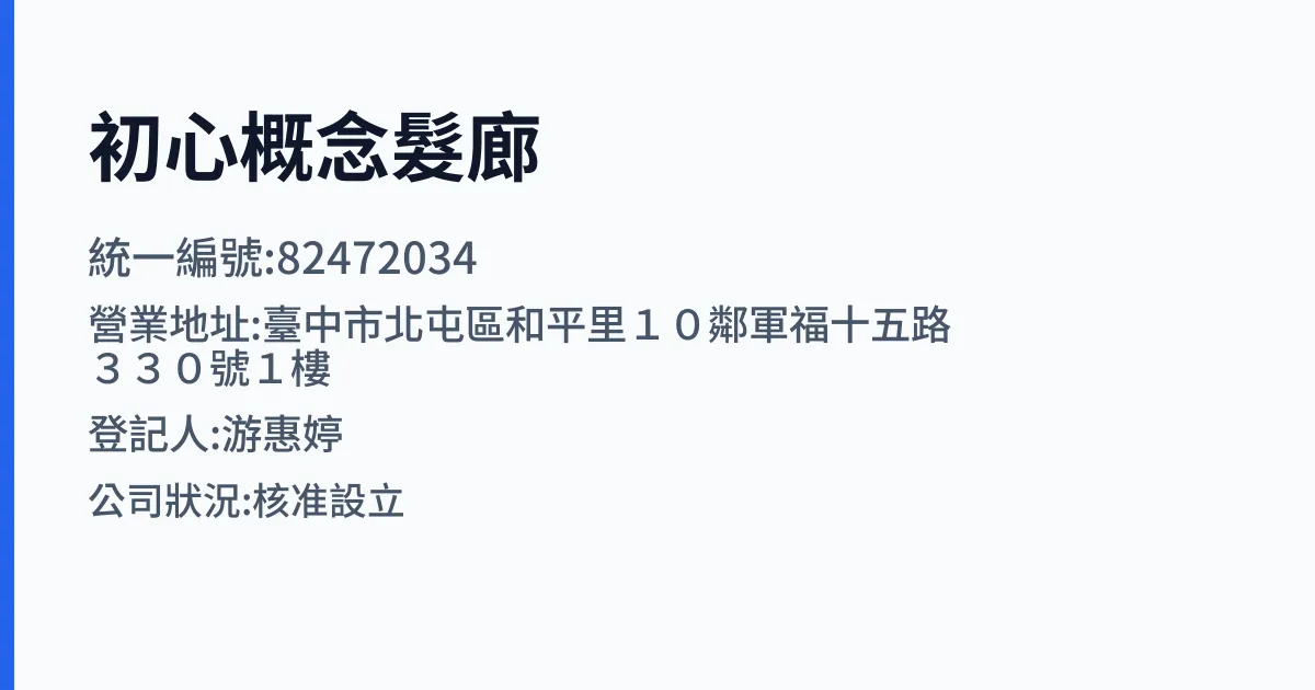 初心概念髮廊 - 統編 82472034(臺中市) 公司登記資料與營業項目詳細圖表