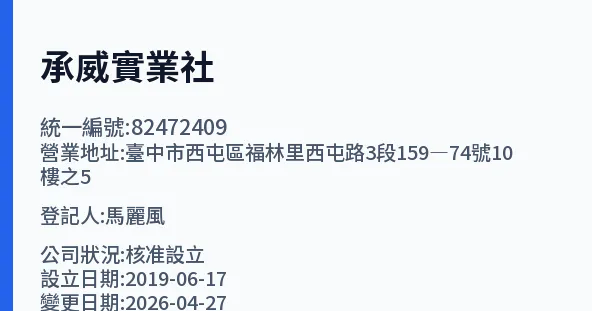 承威實業社的照片-統編 82472409(臺中市) 公司登記資料與營業項目詳細圖表