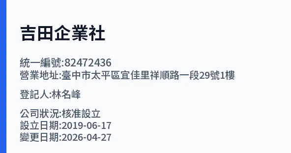 吉田企業社的照片-統編 82472436(臺中市) 公司登記資料與營業項目詳細圖表