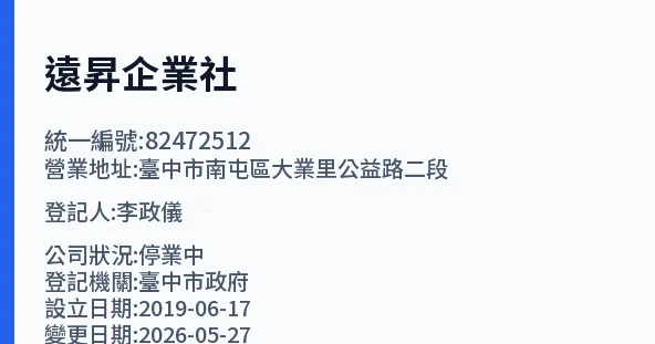 遠昇企業社的照片-統編 82472512(臺中市) 公司登記資料與營業項目詳細圖表