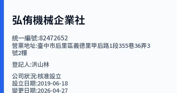 弘侑機械企業社的照片-統編 82472652(臺中市) 公司登記資料與營業項目詳細圖表