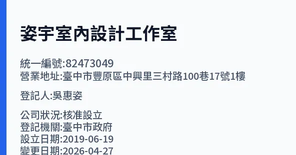 姿宇室內設計工作室的照片-統編 82473049(臺中市) 公司登記資料與營業項目詳細圖表