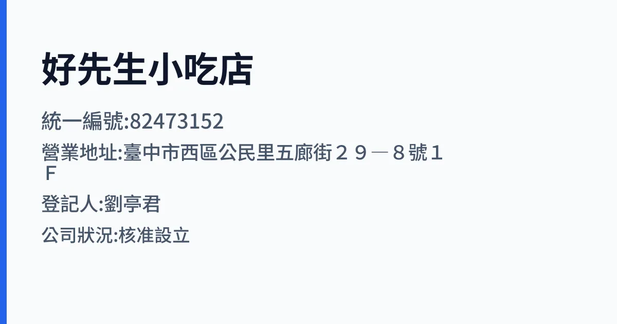 好先生小吃店 - 統編 82473152(臺中市) 公司登記資料與營業項目詳細圖表