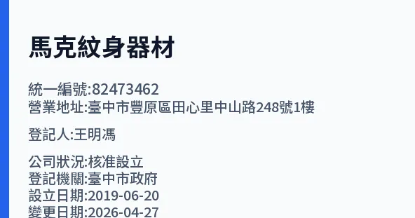 馬克紋身器材的照片-統編 82473462(臺中市) 公司登記資料與營業項目詳細圖表