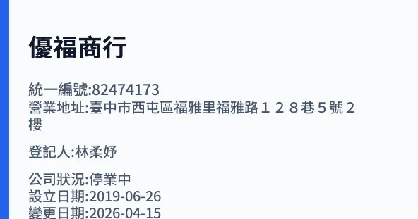 優福商行的照片-統編 82474173(臺中市) 公司登記資料與營業項目詳細圖表
