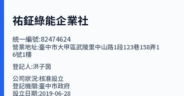 祐鉦綠能企業社的照片-統編 82474624(臺中市) 公司登記資料與營業項目詳細圖表