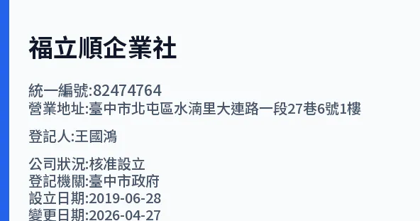 福立順企業社的照片-統編 82474764(臺中市) 公司登記資料與營業項目詳細圖表