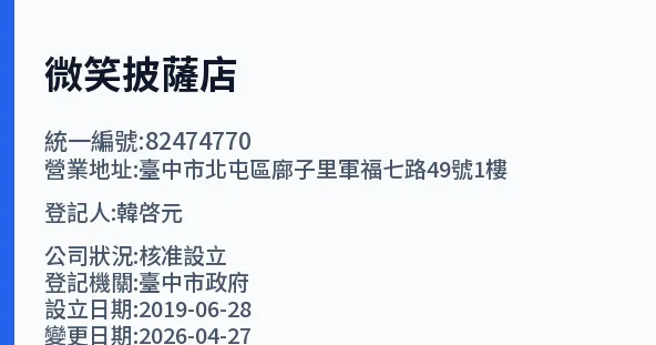 微笑披薩店的照片-統編 82474770(臺中市) 公司登記資料與營業項目詳細圖表