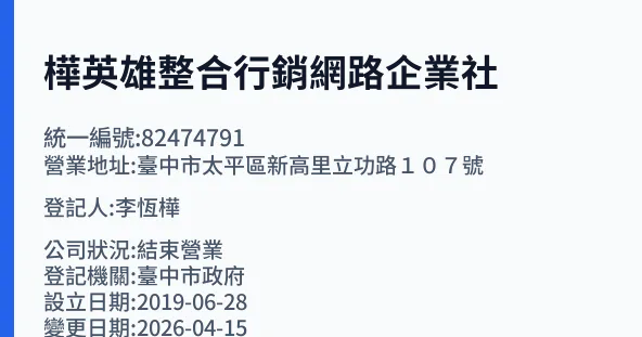 樺英雄整合行銷網路企業社的照片-統編 82474791(臺中市) 公司登記資料與營業項目詳細圖表