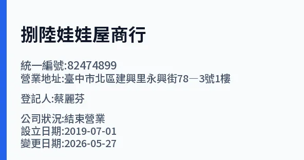 捌陸娃娃屋商行的照片-統編 82474899(臺中市) 公司登記資料與營業項目詳細圖表