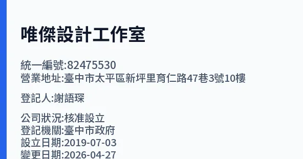 唯傑設計工作室的照片-統編 82475530(臺中市) 公司登記資料與營業項目詳細圖表