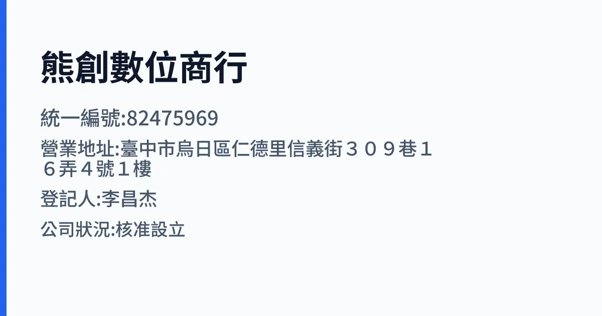 熊創數位商行 - 統編 82475969(臺中市) 公司登記資料與營業項目詳細圖表