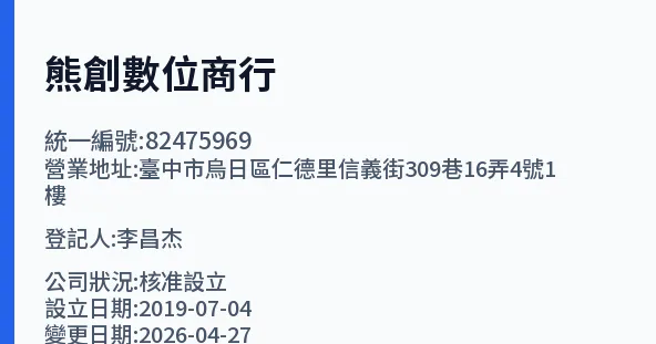 熊創數位商行的照片-統編 82475969(臺中市) 公司登記資料與營業項目詳細圖表