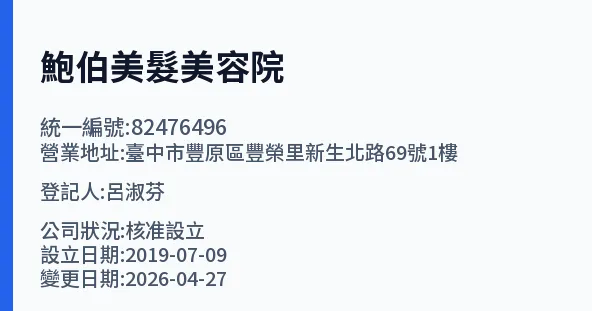 鮑伯美髮美容院的照片-統編 82476496(臺中市) 公司登記資料與營業項目詳細圖表