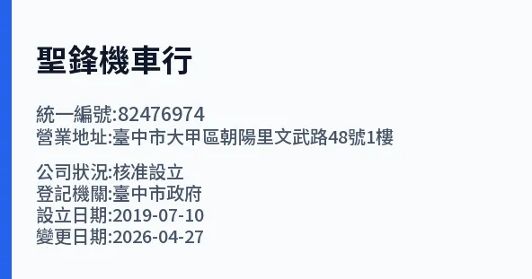 聖鋒機車行的照片-統編 82476974(臺中市) 公司登記資料與營業項目詳細圖表