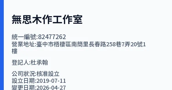 無思木作工作室的照片-統編 82477262(臺中市) 公司登記資料與營業項目詳細圖表