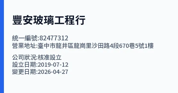 豐安玻璃工程行的照片-統編 82477312(臺中市) 公司登記資料與營業項目詳細圖表