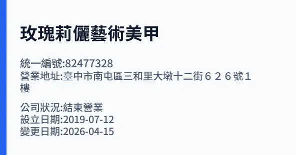 玫瑰莉儷藝術美甲的照片-統編 82477328(臺中市) 公司登記資料與營業項目詳細圖表