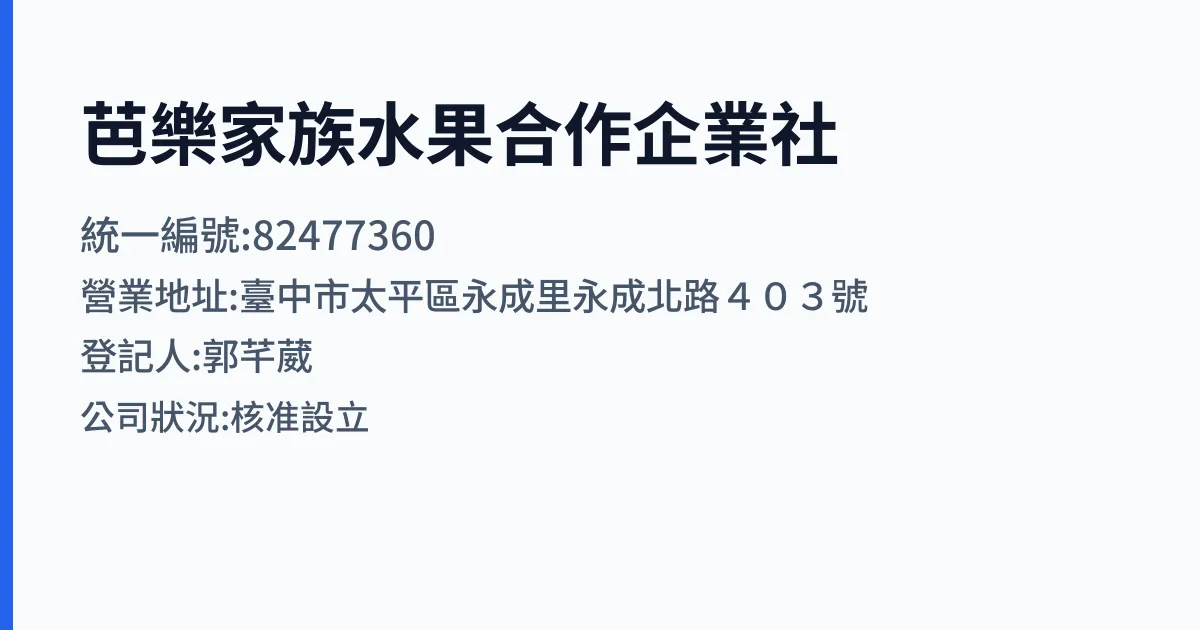 芭樂家族水果合作企業社 - 統編 82477360(臺中市) 公司登記資料與營業項目詳細圖表