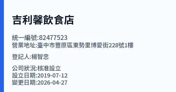 吉利馨飲食店的照片-統編 82477523(臺中市) 公司登記資料與營業項目詳細圖表