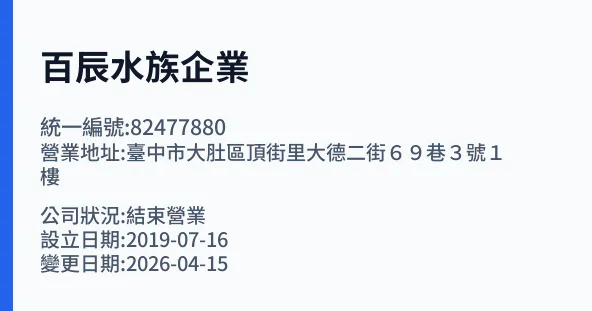 百辰水族企業的照片-統編 82477880(臺中市) 公司登記資料與營業項目詳細圖表