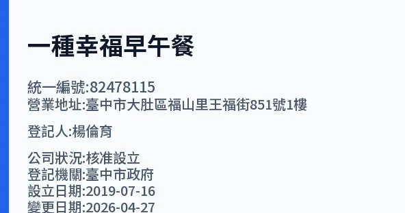 一種幸福早午餐的照片-統編 82478115(臺中市) 公司登記資料與營業項目詳細圖表