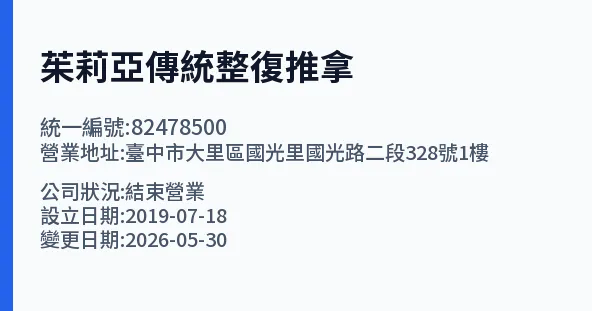 茱莉亞傳統整復推拿的照片-統編 82478500(臺中市) 公司登記資料與營業項目詳細圖表