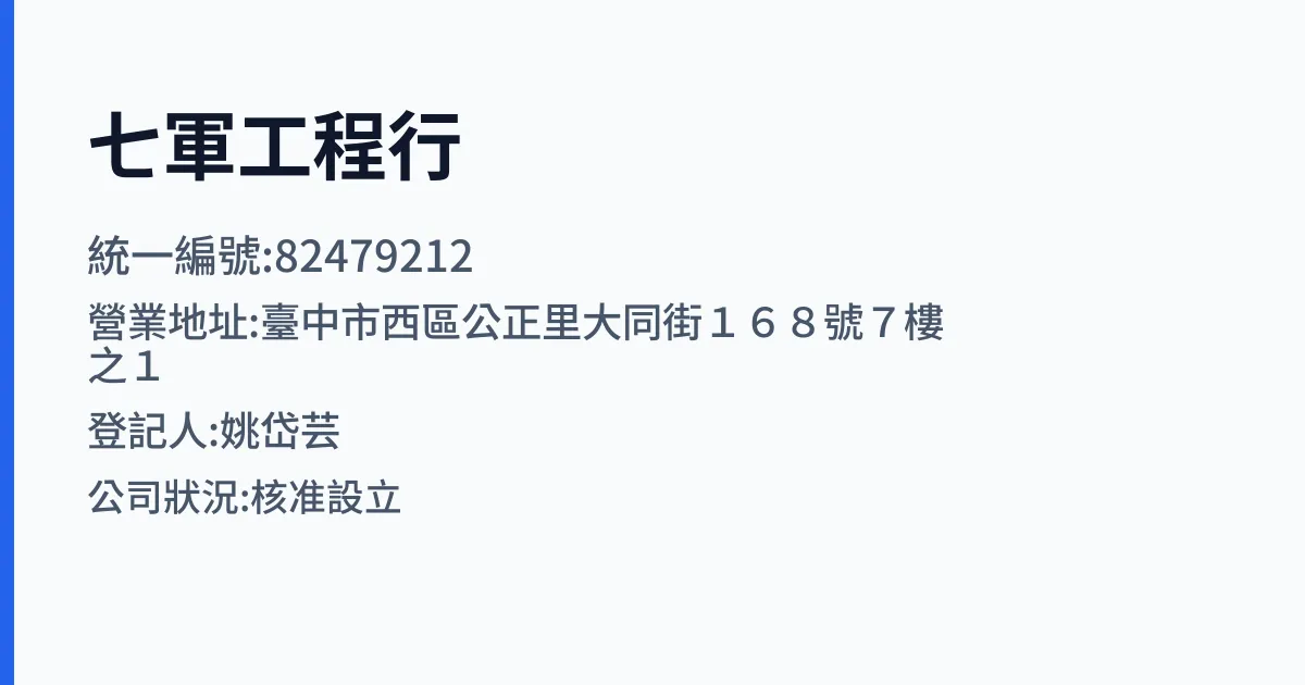 七軍工程行 - 統編 82479212(臺中市) 公司登記資料與營業項目詳細圖表