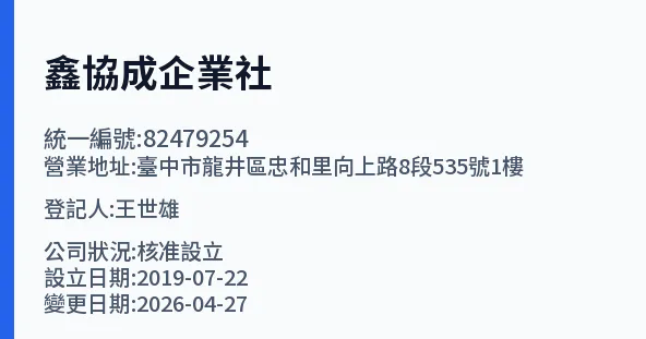 鑫協成企業社的照片-統編 82479254(臺中市) 公司登記資料與營業項目詳細圖表