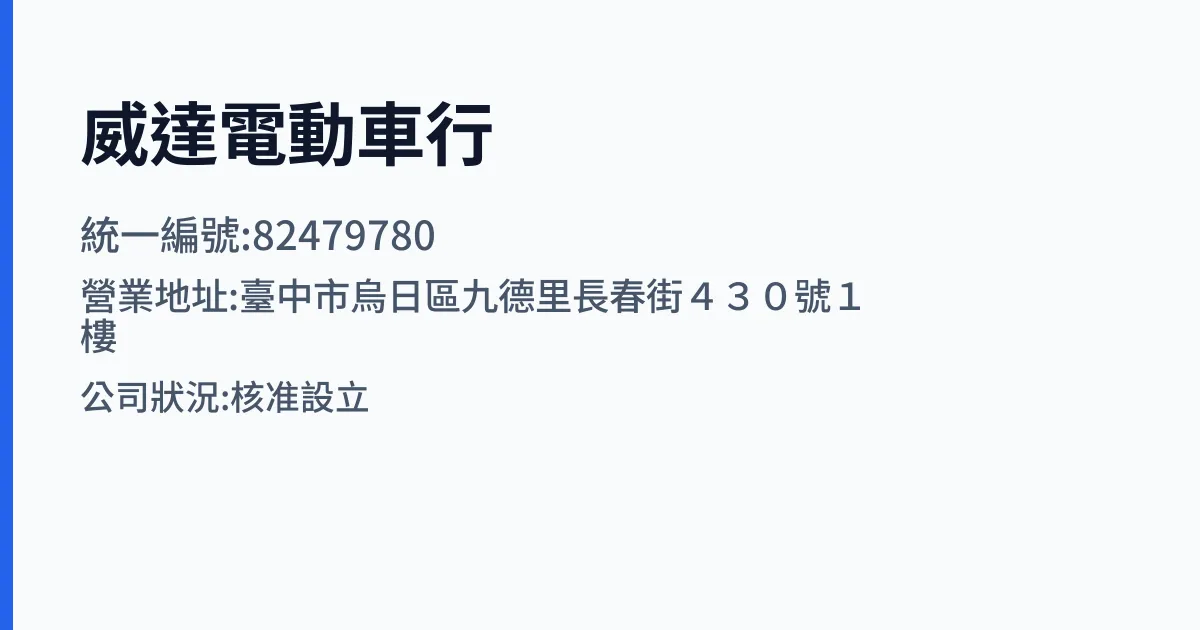 威達電動車行 - 統編 82479780(臺中市) 公司登記資料與營業項目詳細圖表