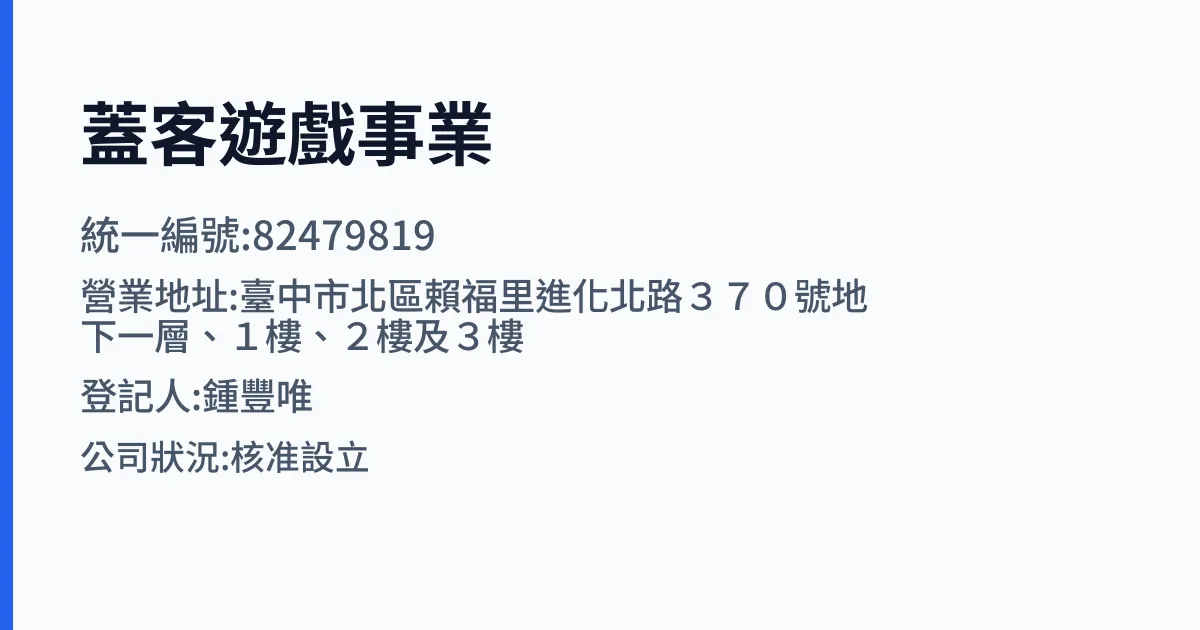 蓋客遊戲事業 - 統編 82479819(臺中市) 公司登記資料與營業項目詳細圖表