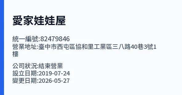 愛家娃娃屋的照片-統編 82479846(臺中市) 公司登記資料與營業項目詳細圖表