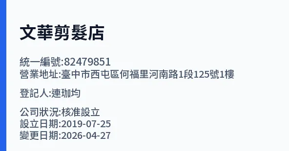 文華剪髮店的照片-統編 82479851(臺中市) 公司登記資料與營業項目詳細圖表