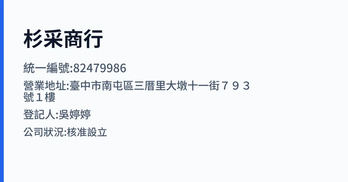 杉采商行 - 統編 82479986(臺中市) 公司登記資料與營業項目詳細圖表