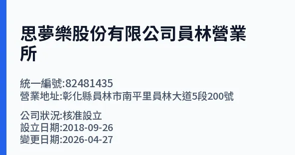 思夢樂股份有限公司員林營業所的照片-統編 82481435(彰化縣) 公司登記資料與營業項目詳細圖表