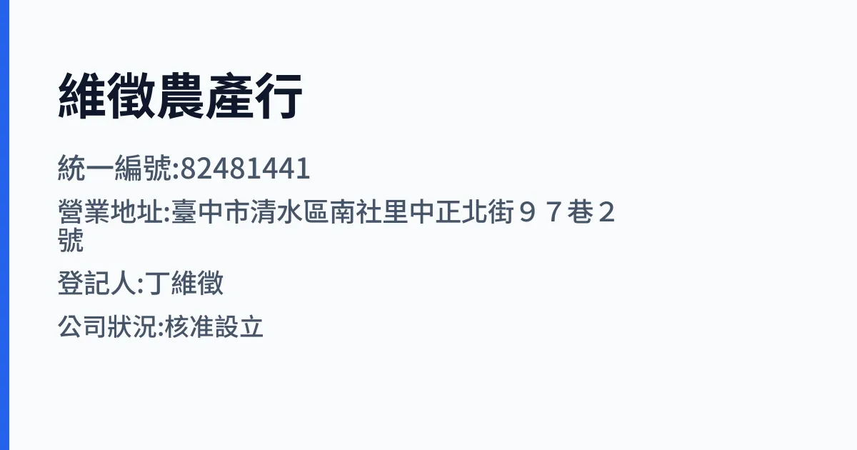 維徵農產行 - 統編 82481441(臺中市) 公司登記資料與營業項目詳細圖表