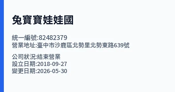 兔寶寶娃娃國的照片-統編 82482379(臺中市) 公司登記資料與營業項目詳細圖表
