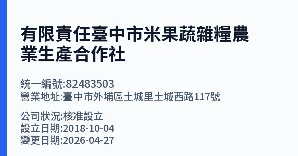 有限責任臺中市米果蔬雜糧農業生產合作社的照片-統編 82483503(臺中市) 公司登記資料與營業項目詳細圖表
