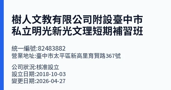 樹人文教有限公司附設臺中市私立明光新光文理短期補習班的照片-統編 82483882(臺中市) 公司登記資料與營業項目詳細圖表