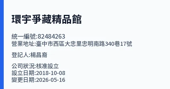 環宇爭藏精品館的照片-統編 82484263(臺中市) 公司登記資料與營業項目詳細圖表