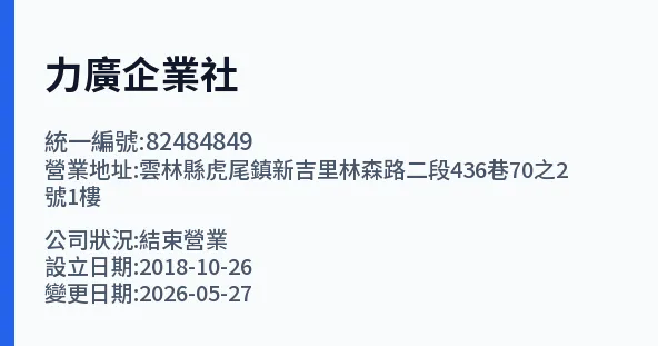 力廣企業社的照片-統編 82484849(雲林縣) 公司登記資料與營業項目詳細圖表