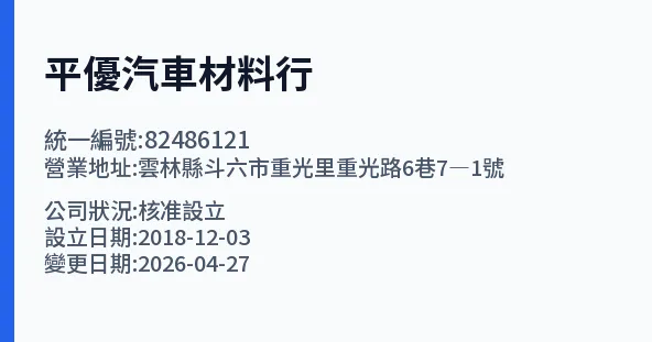 平優汽車材料行的照片-統編 82486121(雲林縣) 公司登記資料與營業項目詳細圖表