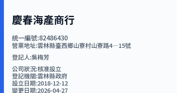 慶春海產商行的照片-統編 82486430(雲林縣) 公司登記資料與營業項目詳細圖表