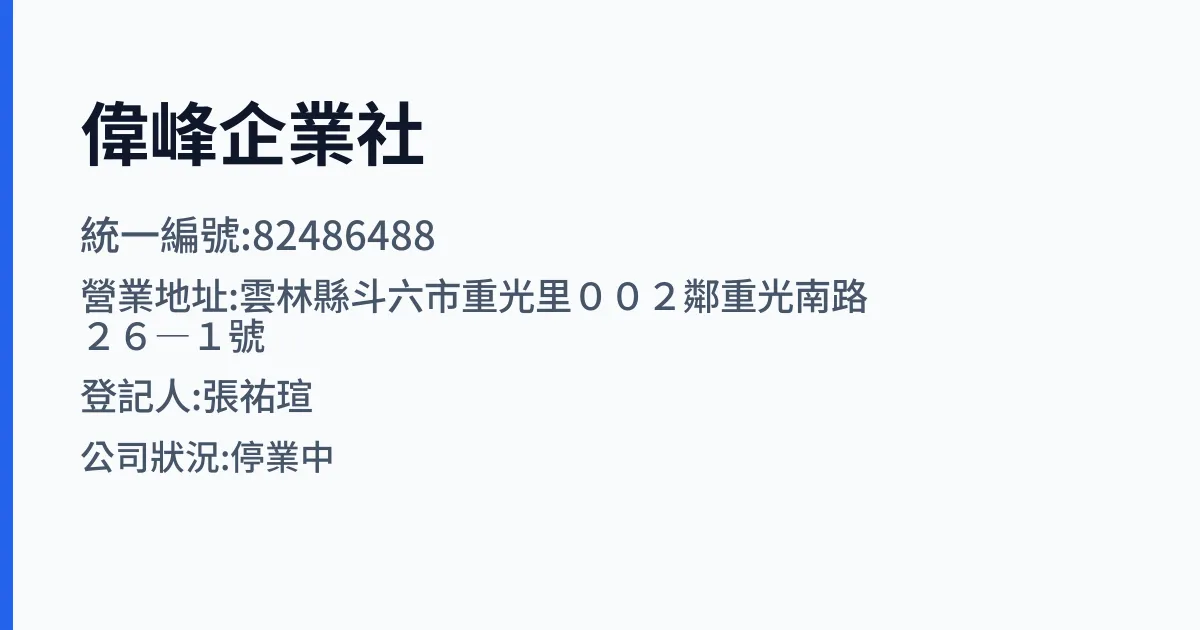 偉峰企業社 - 統編 82486488（雲林縣） 公司登記資料與營業項目詳細圖表