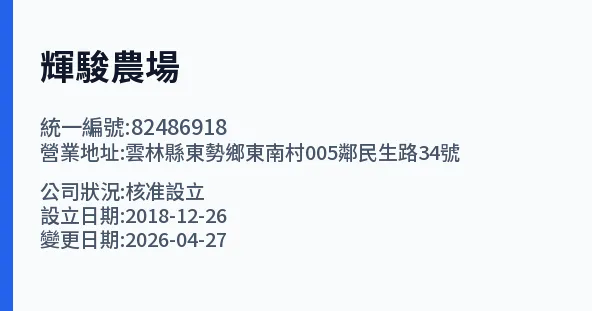輝駿農場的照片-統編 82486918(雲林縣) 公司登記資料與營業項目詳細圖表