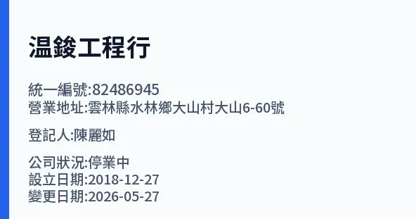 温鋑工程行的照片-統編 82486945(雲林縣) 公司登記資料與營業項目詳細圖表