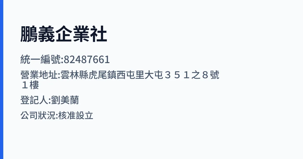鵬義企業社 - 統編 82487661(雲林縣) 公司登記資料與營業項目詳細圖表
